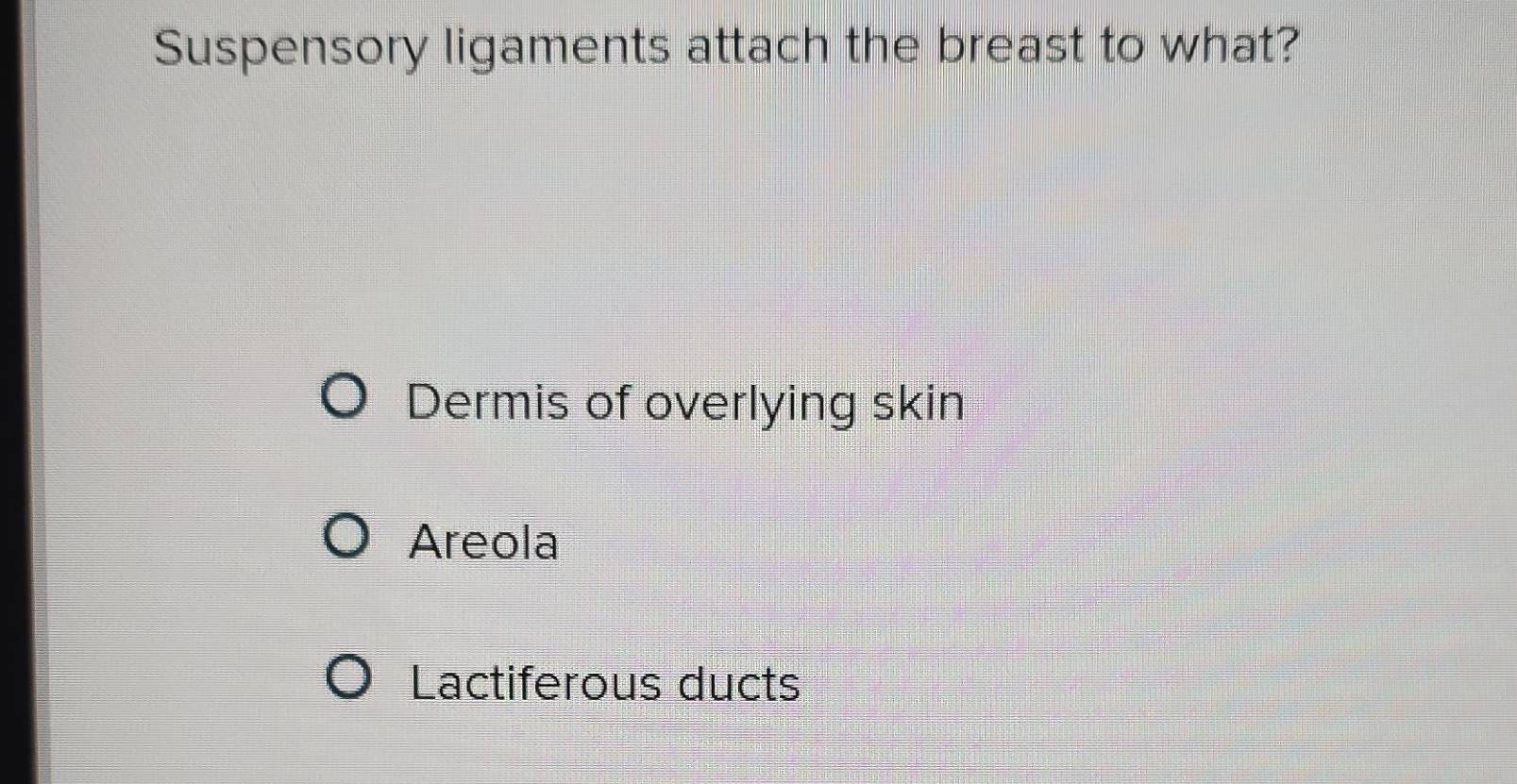 Solved: Suspensory ligaments attach the breast to what? Dermis of ...