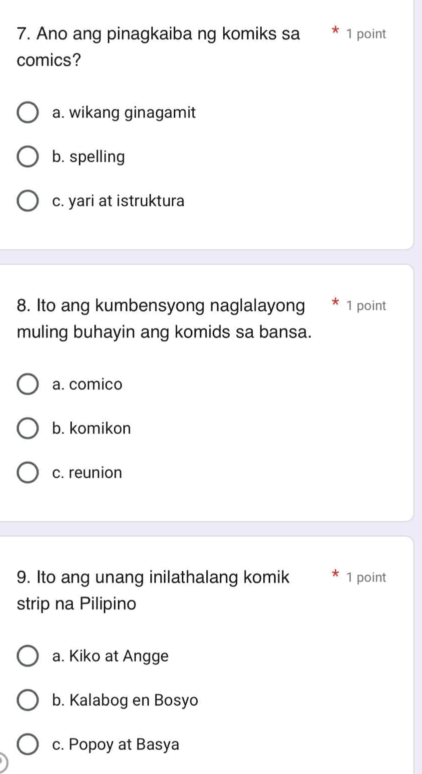 Solved: Ano ang pinagkaiba ng komiks sa 1 point comics? a. wikang ...