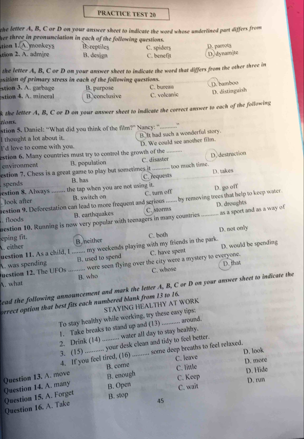 Giải quyết:PRACTICE TEST 20 the letter A, B, C or D on your answer ...