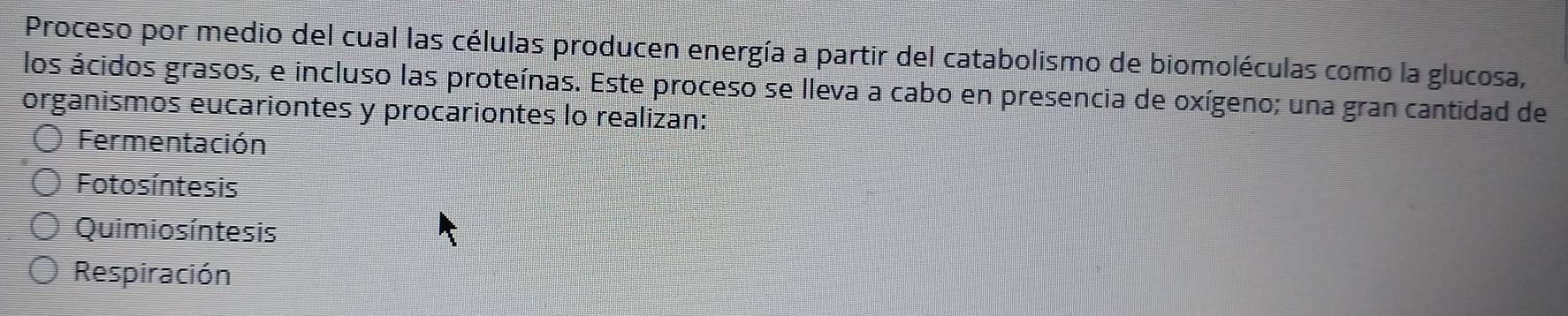 Resuelto:Proceso por medio del cual las células producen energía a ...