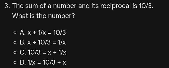 Solved: The sum of a number and its reciprocal is 10/3. What is the ...