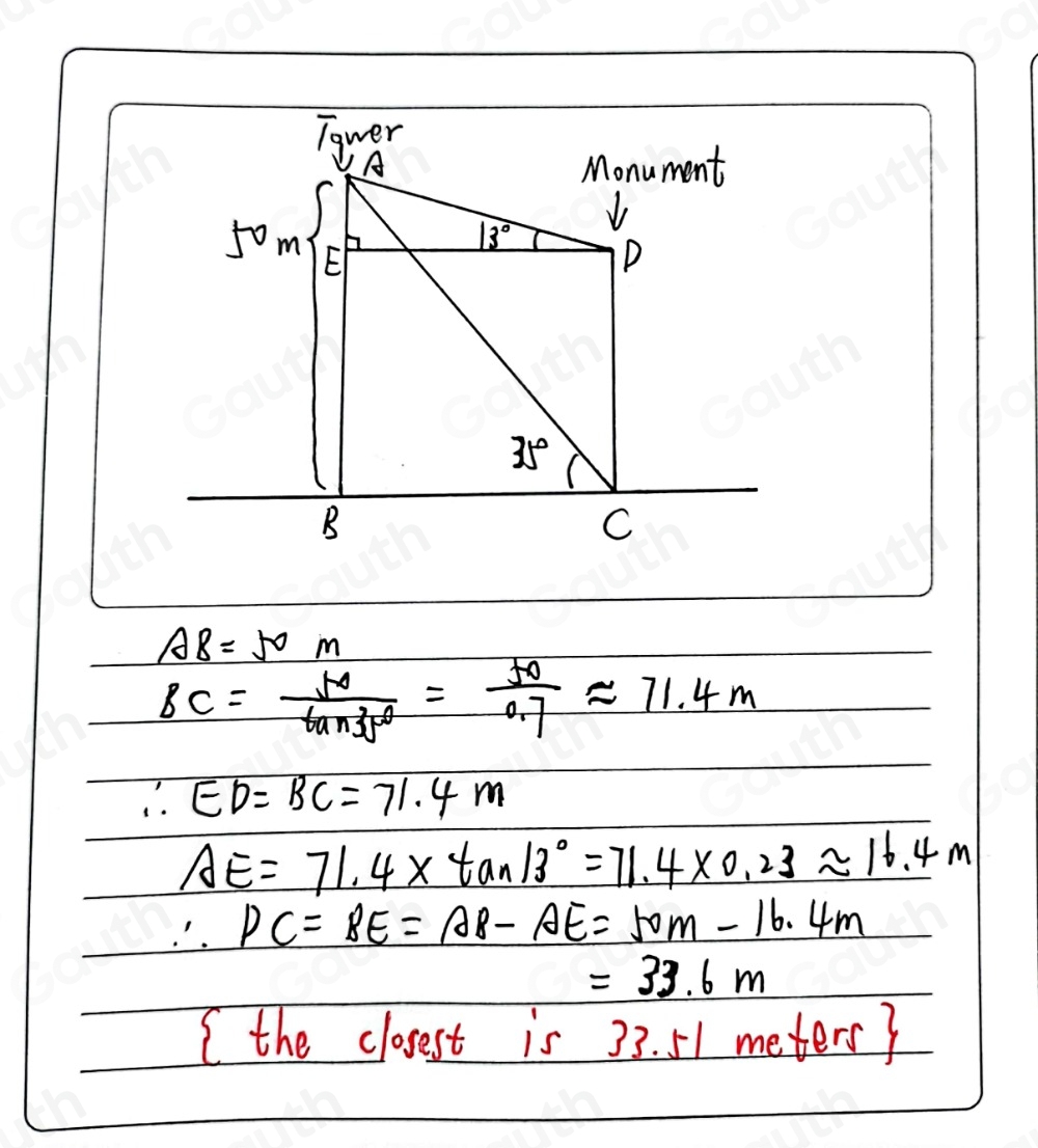 Solved: A PLDT tower and a monument stand on a level plane. The angles ...