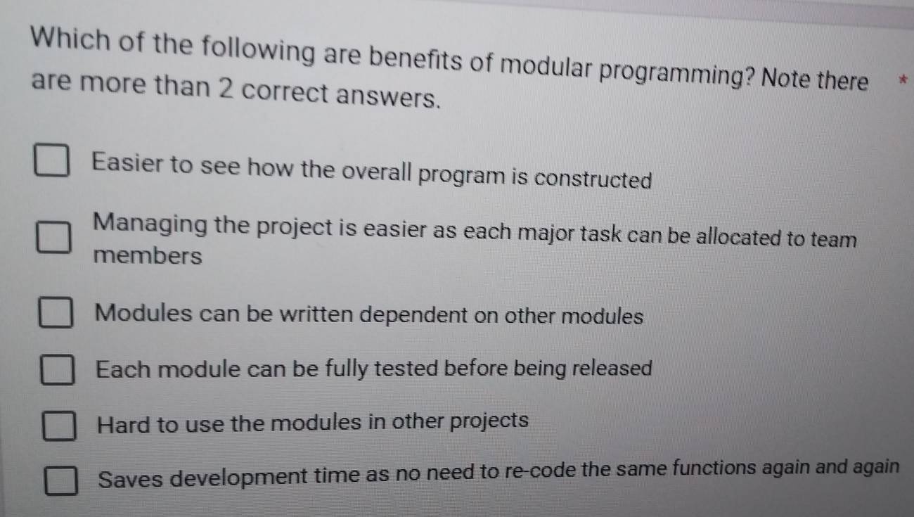 Solved: Which of the following are benefits of modular programming ...