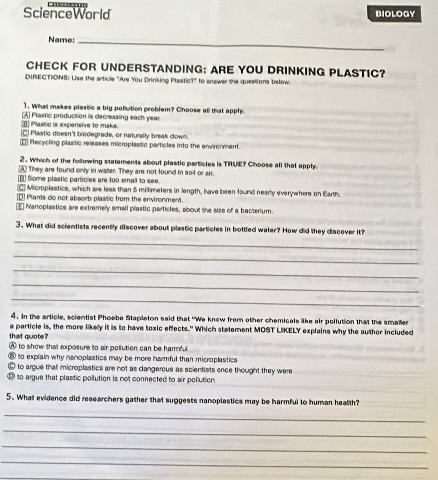 Solved: ScienceWorld BIOLOGY Name:_ CHECK FOR UNDERSTANDING: ARE YOU ...