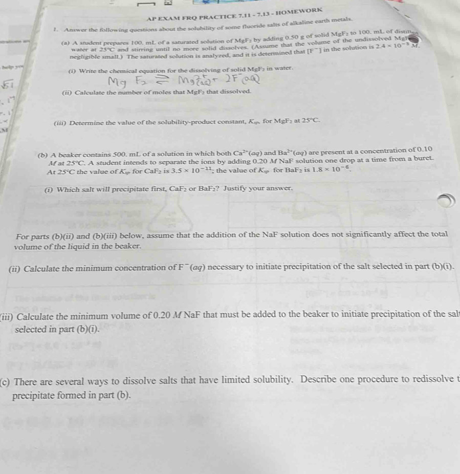 Solved: AP EXAM FRQ PRACTICE 7.11 - 7.13 - HOMEWORK 1. Answer the ...