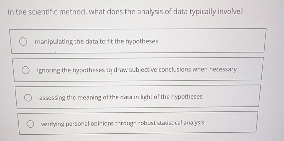 Solved: In the scientific method, what does the analysis of data typically involve? manipulating ...