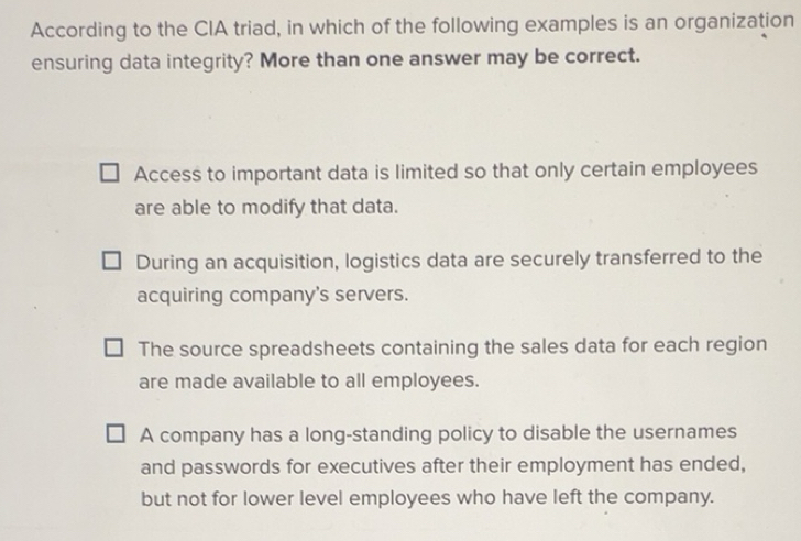 Solved: According to the CIA triad, in which of the following examples ...