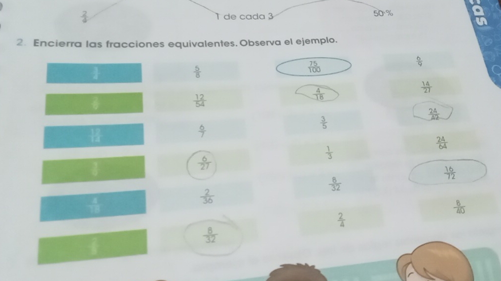Resuelto:de cada 3 50 % . 2. Encierra las fracciones equivalentes ...