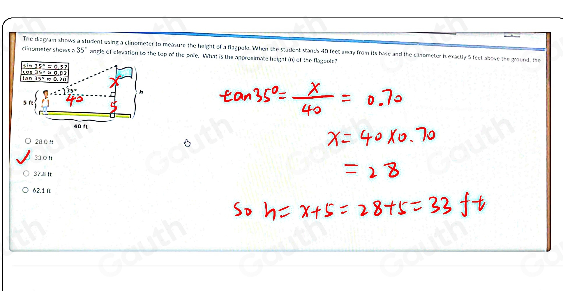 Solved: The diagram shows a student using a clinometer to measure the ...