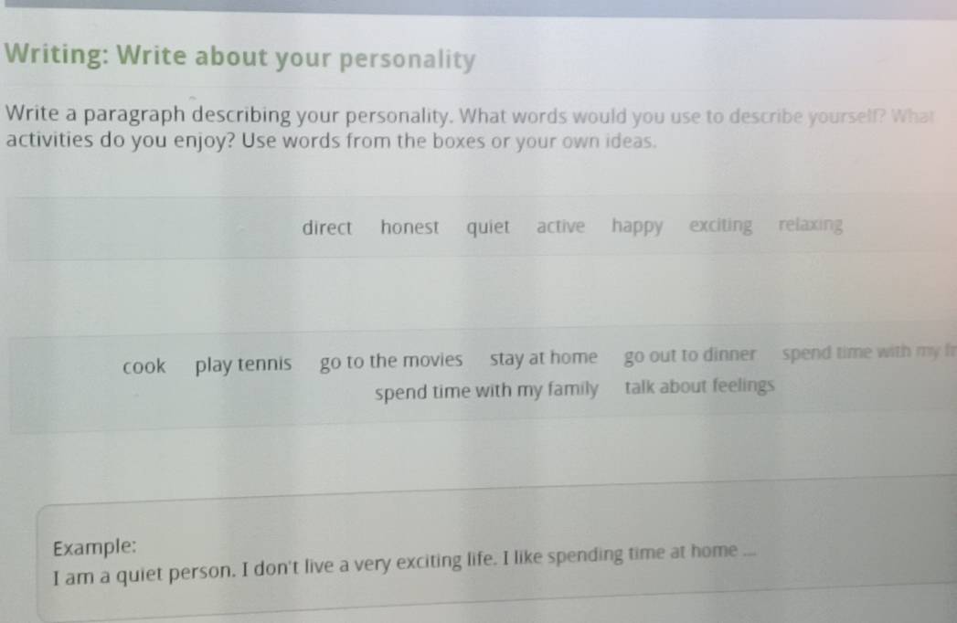 Resuelto:Writing: Write about your personality Write a paragraph ...