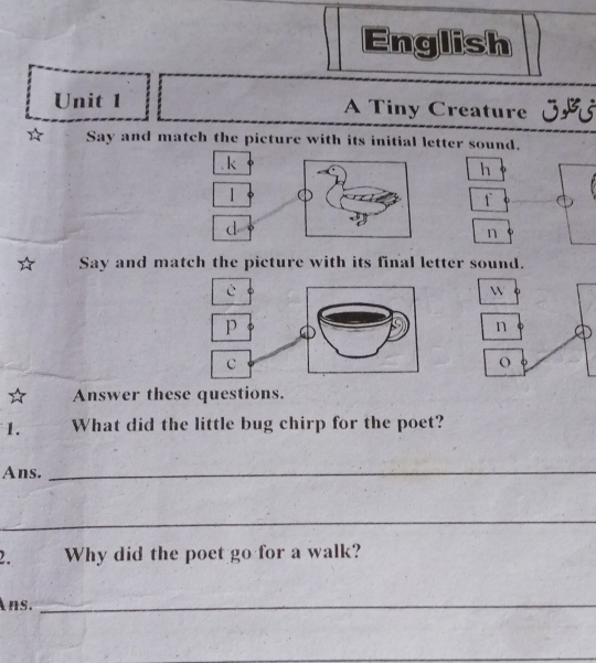 Solved: English Unit 1 A Tiny Creature JBG ☆ Say and match the picture ...