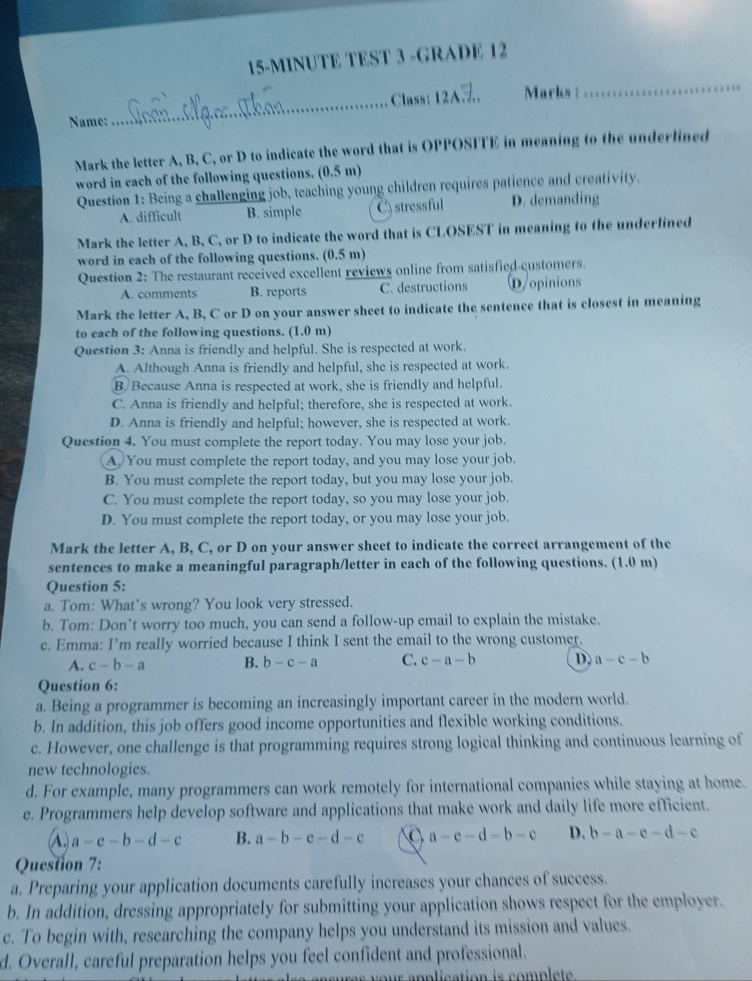Giải quyết:15-MINUTE TEST 3 -GRADE 12 Class: 12A. Marks : _ Name ...