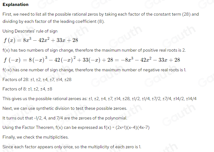 Solved: Find the zeros and their multiplicities. Consider using ...