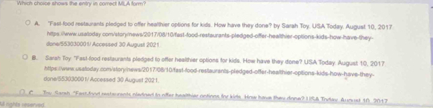 Solved: Which choice shows the entry in correct MLA farm? A. "Fast-food ...