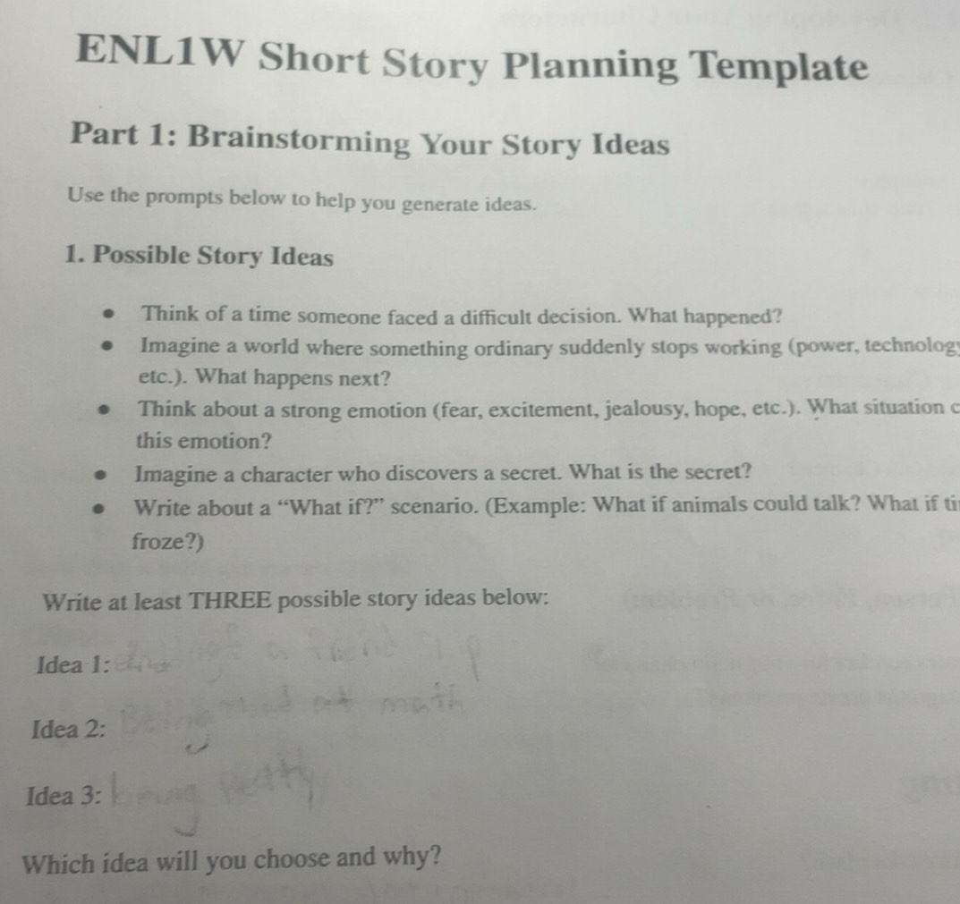 Solved: ENL1W Short Story Planning Template Part 1: Brainstorming Your ...