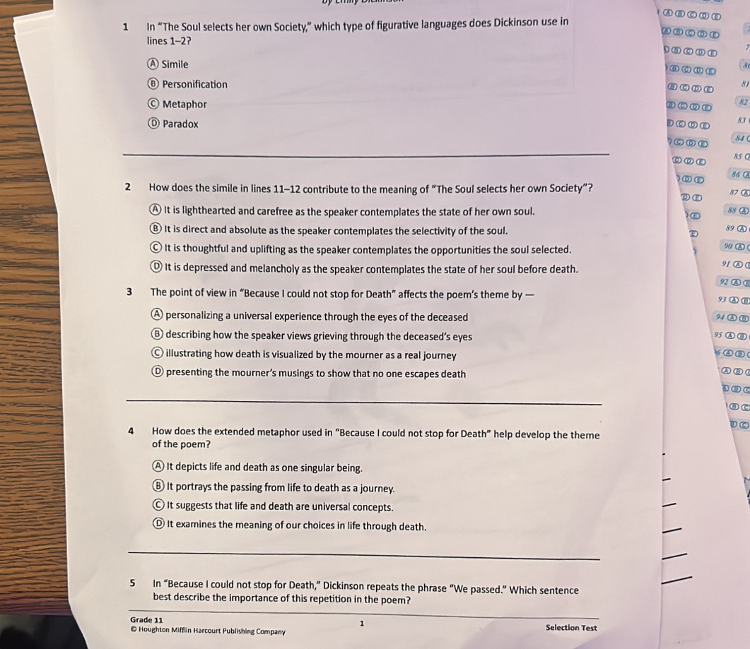 Solved: In “The Soul selects her own Society,” which type of figurative ...