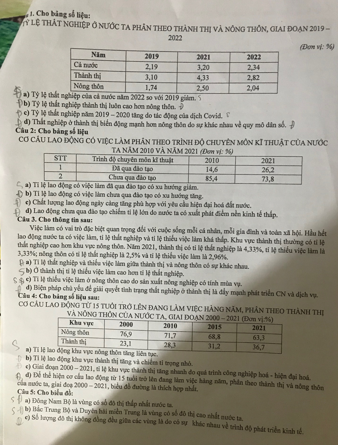Giải quyết:# 1. Cho bảng số liệu: Tỷ lệ tHÁt nghIệp Ở nƯỚc TA phÂN tHEO thàNh tHị và nÔnG tHÔN, GIAI