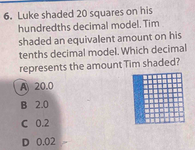 Luke shaded 20 squares on his hundredths decimal model. Tim shaded an ...