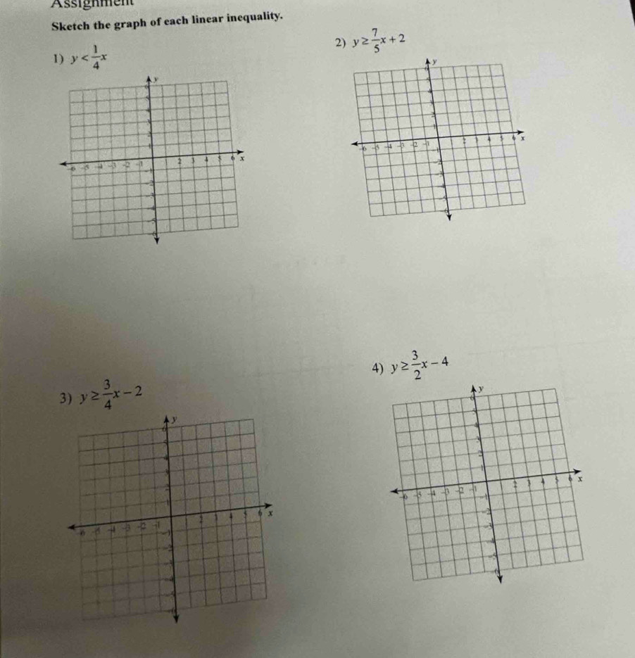 Solved: Assignment Sketch the graph of each linear inequality. 2) y≥ 7/5 x+2 1) y 4) y≥ 3/2 x ...