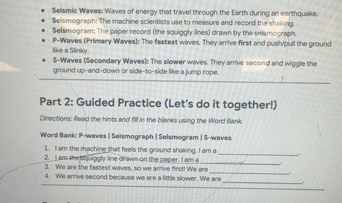 Solved: Seismic Waves: Waves of energy that travel through the Earth ...