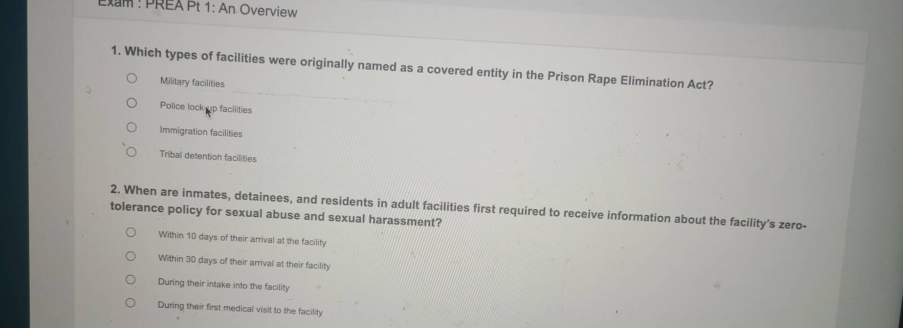 xm : PREA Pt 1: An Overview 1. Which types of facilities were ...