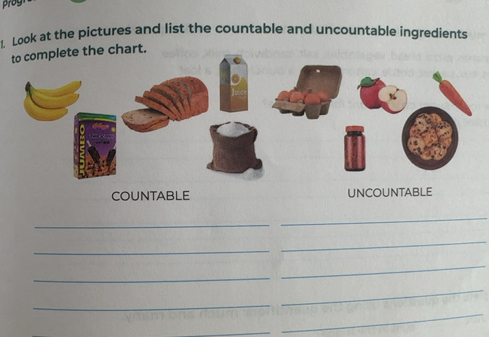 Resuelto:proy 1. Look at the pictures and list the countable and ...