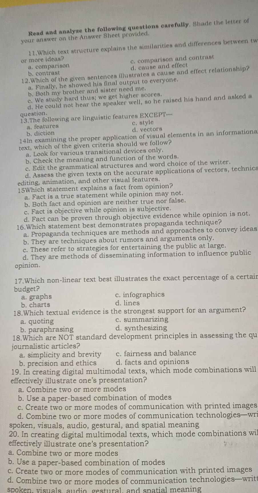 Solved: Read and analyze the following questions carefully. Shade the ...