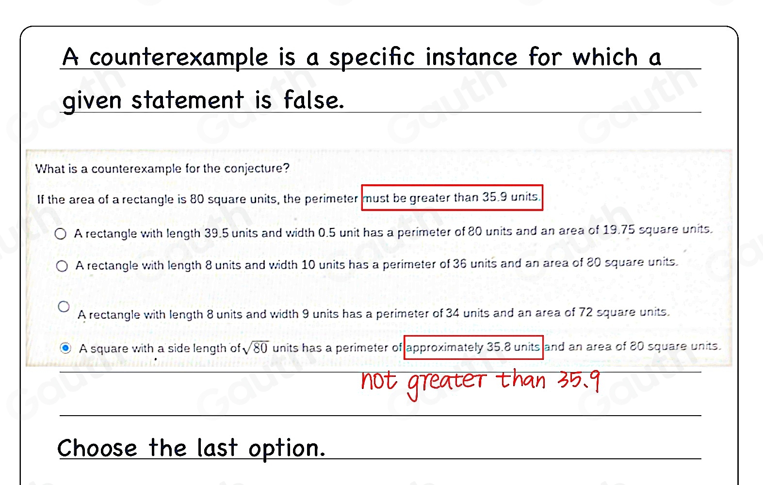 Solved: What is a counterexample for the conjecture? If the area of a ...