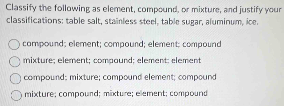 Solved: Classify the following as element, compound, or mixture, and ...