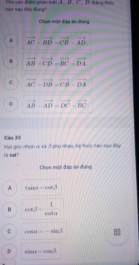 Giải quyết:Cho các điểm phân biệt A, B, C, D. Đảng thức nào sau đây ...