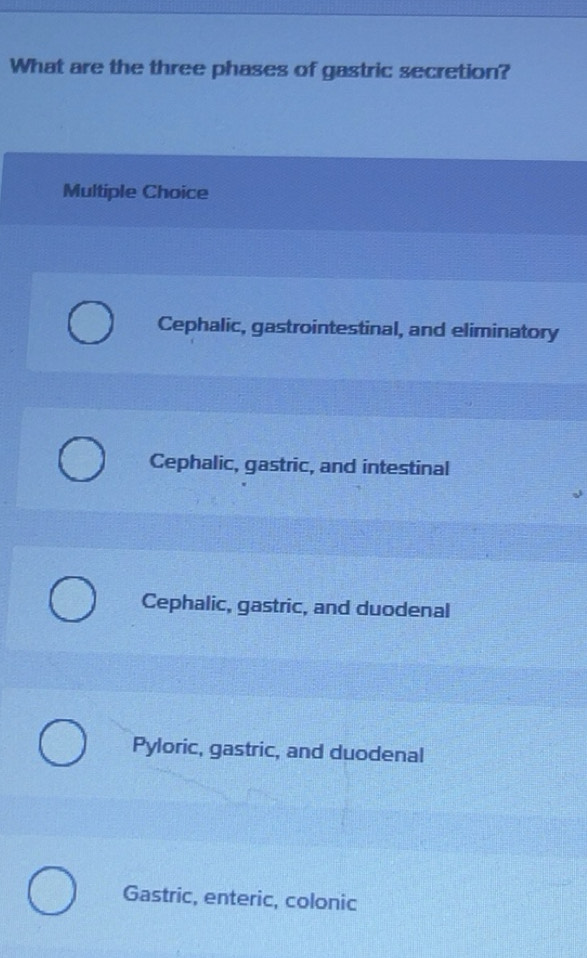 Solved: What are the three phases of gastric secretion? Multiple Choice ...