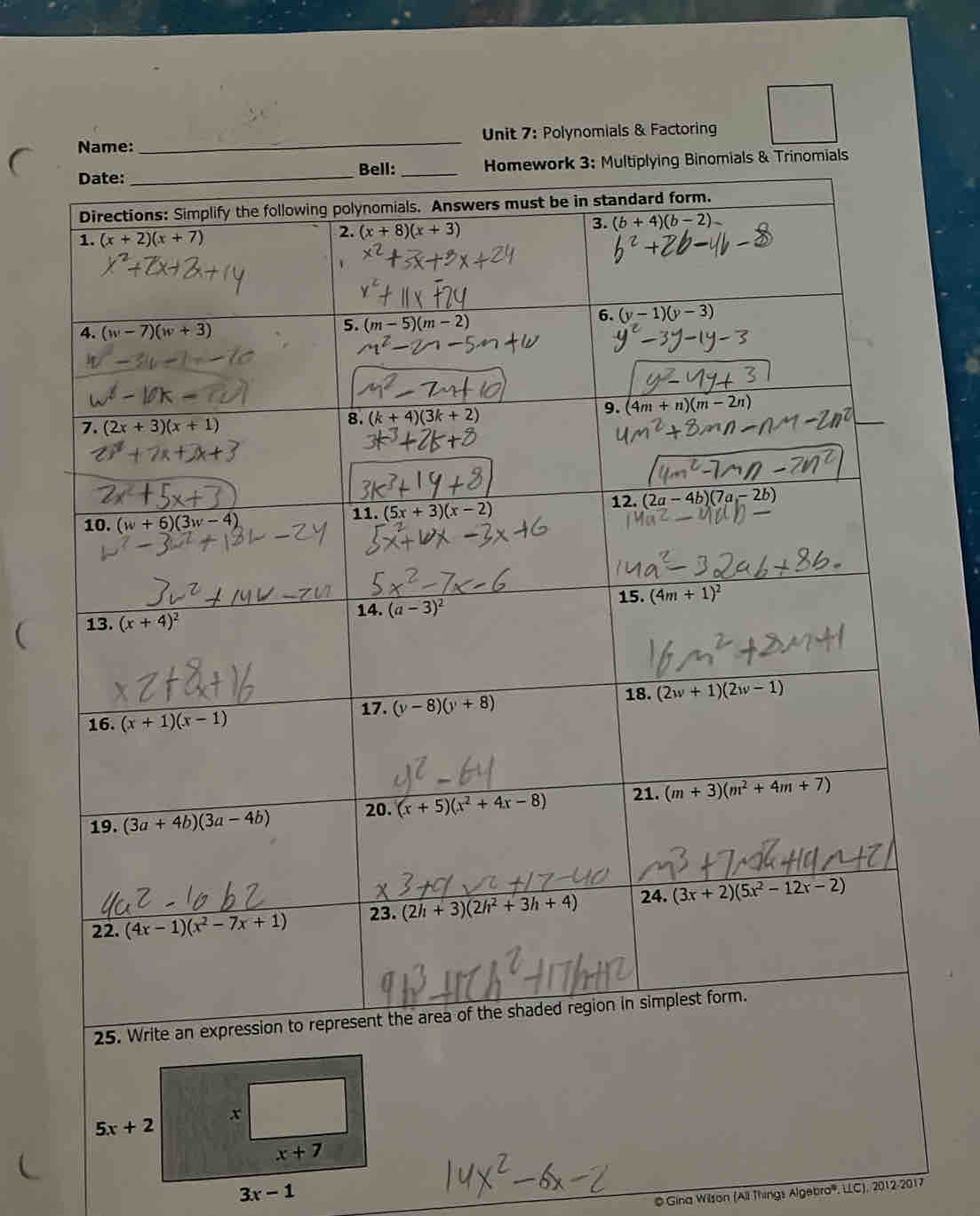 Solved Name Unit 7 Polynomials And Factoring Homework 3 Multiplying Binomials And Trinomials