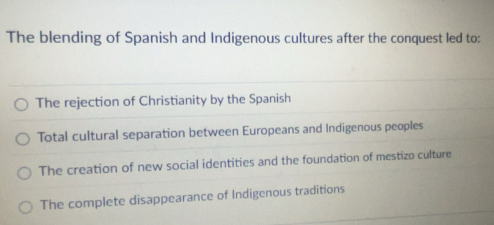 Solved: The blending of Spanish and Indigenous cultures after the ...