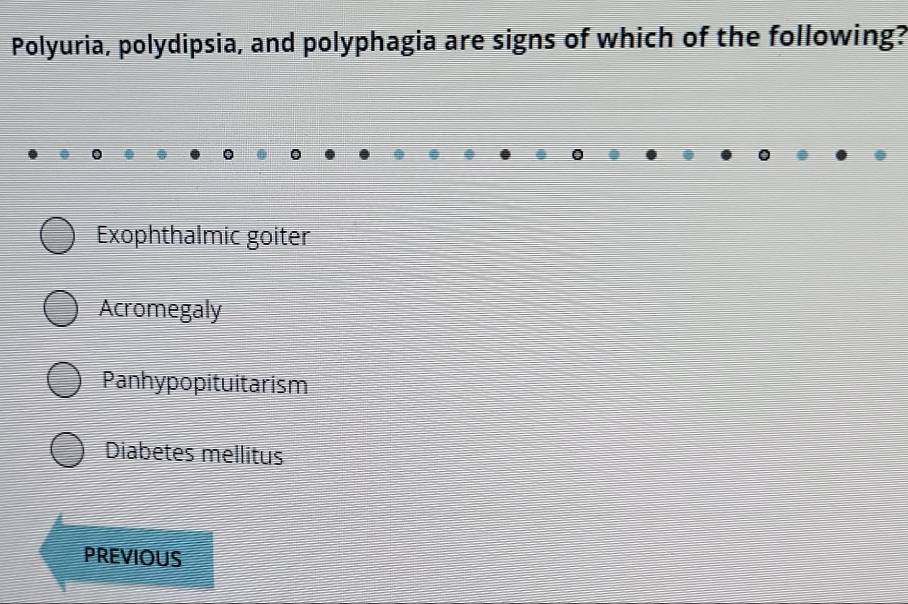 Solved: Polyuria, polydipsia, and polyphagia are signs of which of the ...