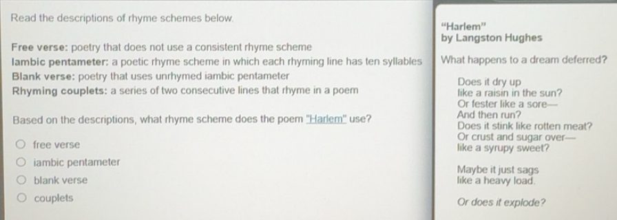 Solved: Read the descriptions of rhyme schemes below. “Harlem” by ...