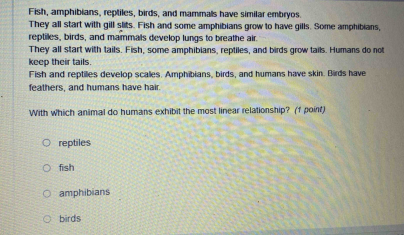 Solved: Fish, amphibians, reptiles, birds, and mammals have similar ...