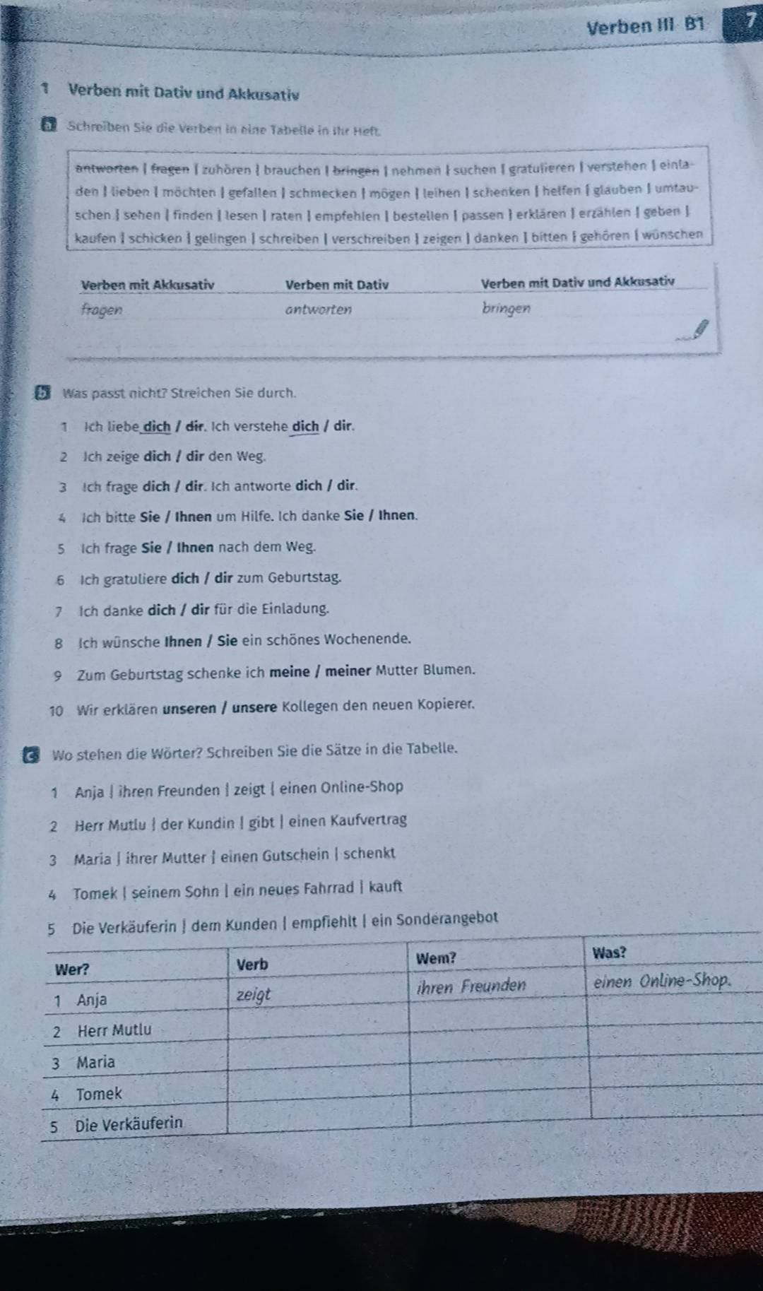 Gelöst:Verben III B1 7 1 Verben mit Dativ und Akkusativ a Schreiben Sie ...