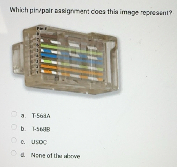 Solved: Which pin/pair assignment does this image represent? a. T-568A ...