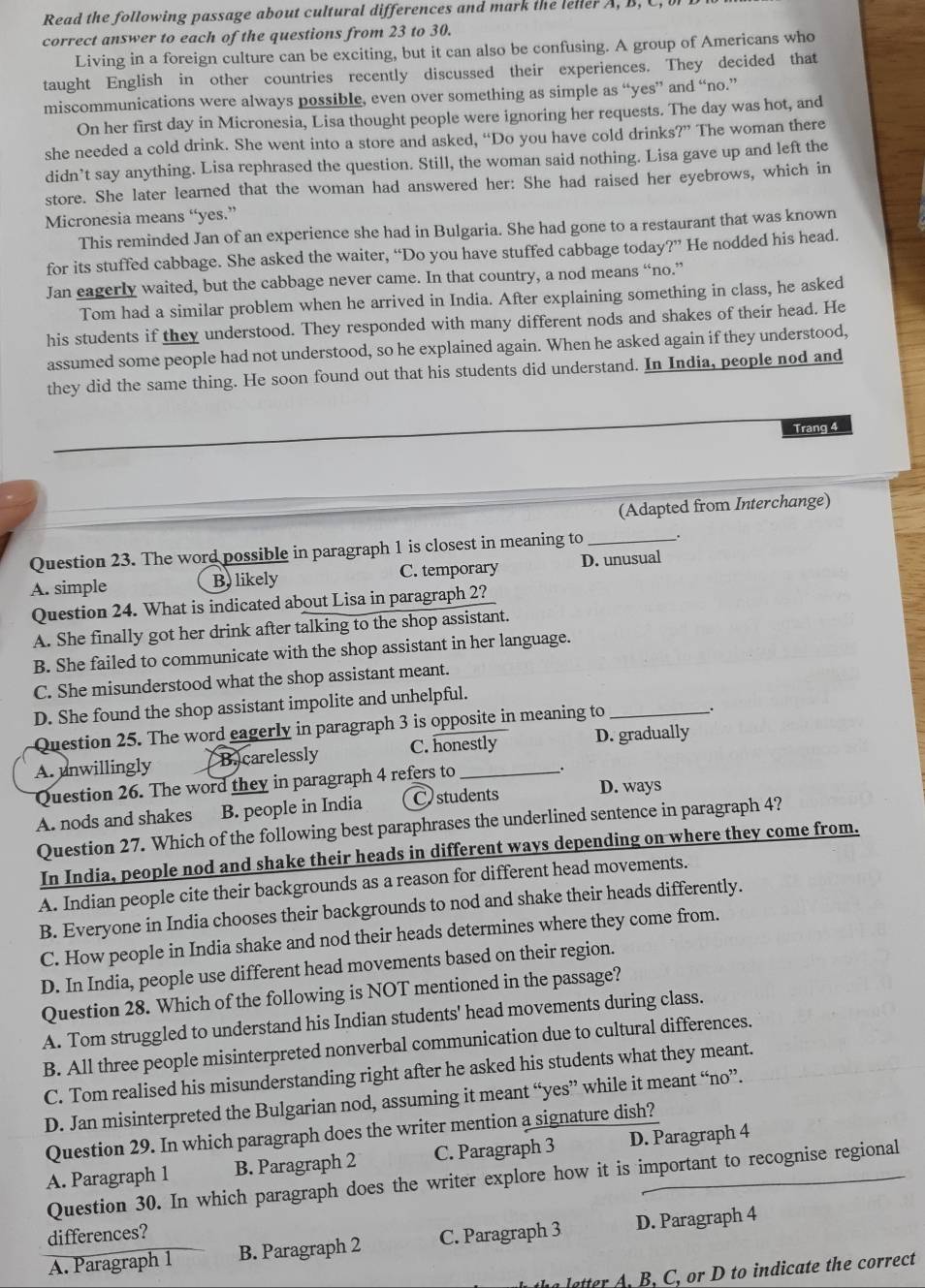 Giải quyết:Read the following passage about cultural differences and ...