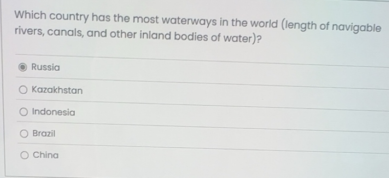 Solved: Which country has the most waterways in the world (length of ...