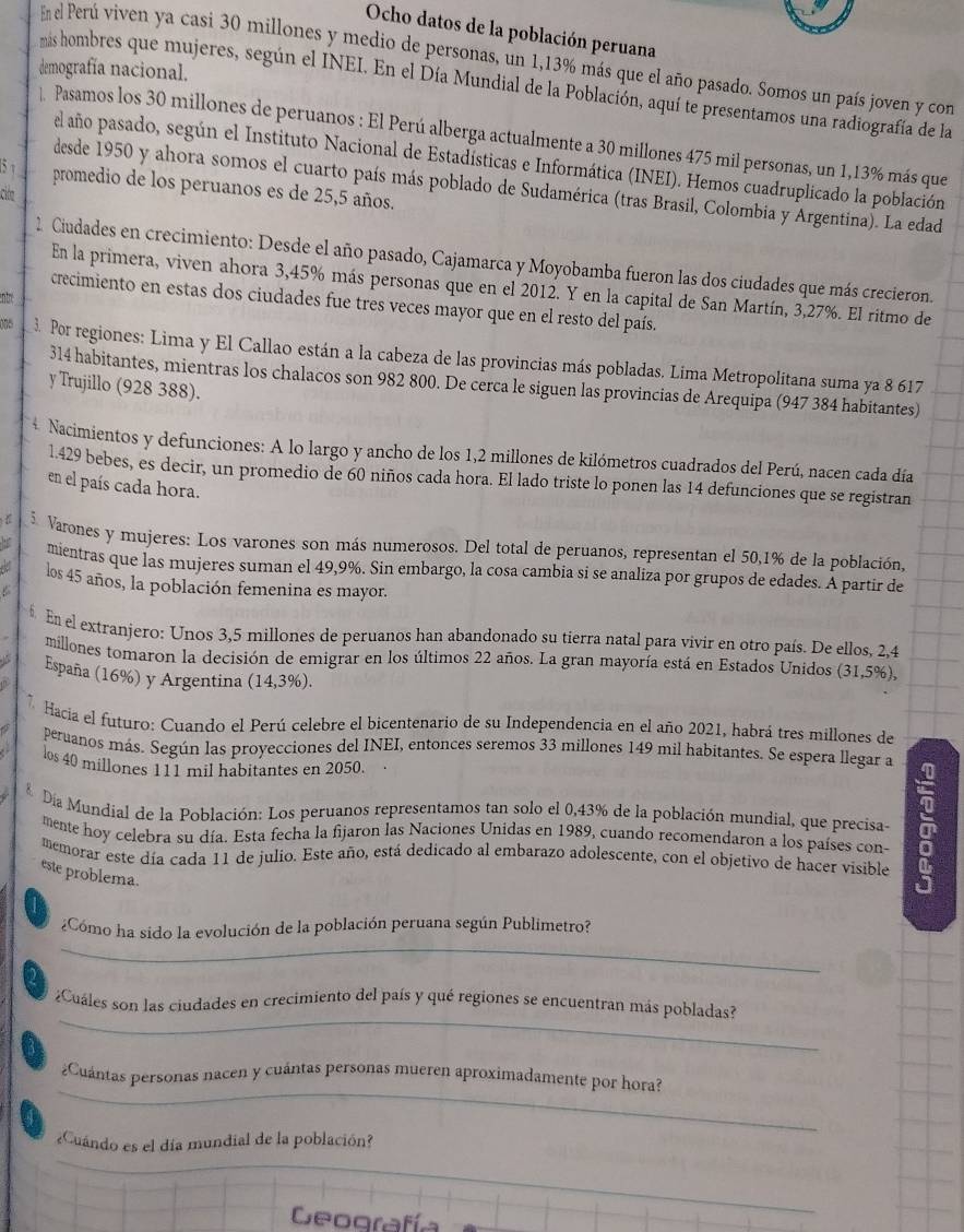 Resuelto:Ocho datos de la población peruana En el Perú viven ya casi 30 ...