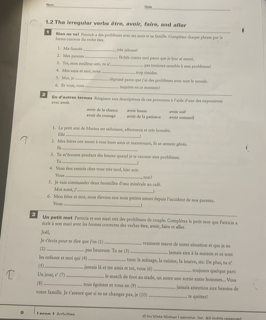 Solved: Nom_ Date 1.2 The irregular verbs être, avoir, faire, and aller ...