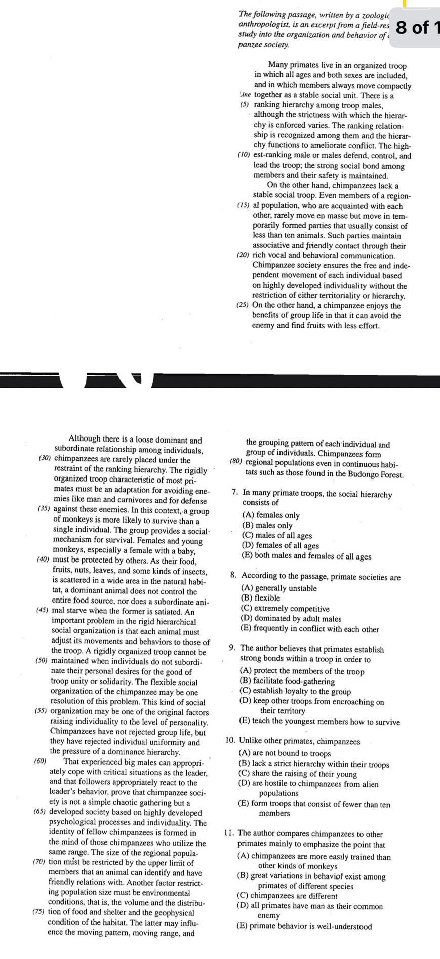 Solved: The following passage, written by a zoologic anthropologist, is ...