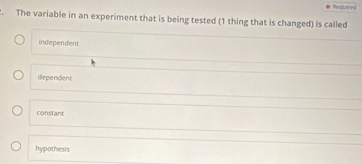 Solved: Required 2. The variable in an experiment that is being tested ...