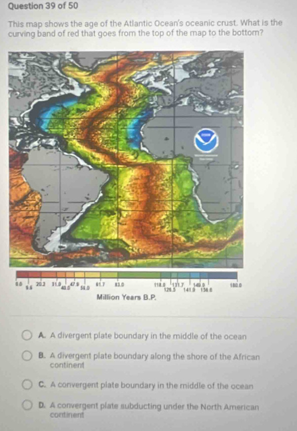 Solved: This map shows the age of the Atlantic Ocean's oceanic crust ...