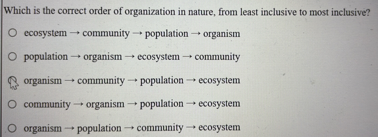 Solved: Which is the correct order of organization in nature, from ...