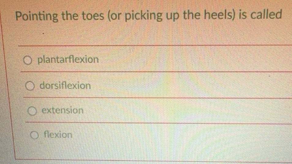Solved: Pointing the toes (or picking up the heels) is called ...