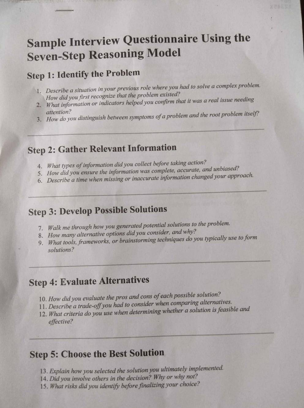 Solved: Sample Interview Questionnaire Using the Seven-Step Reasoning ...