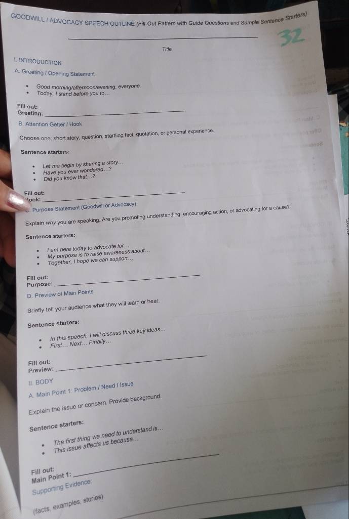 Solved: GOODWILL / ADVOCACY SPEECH OUTLINE (Fill-Out Pattern with Guide ...