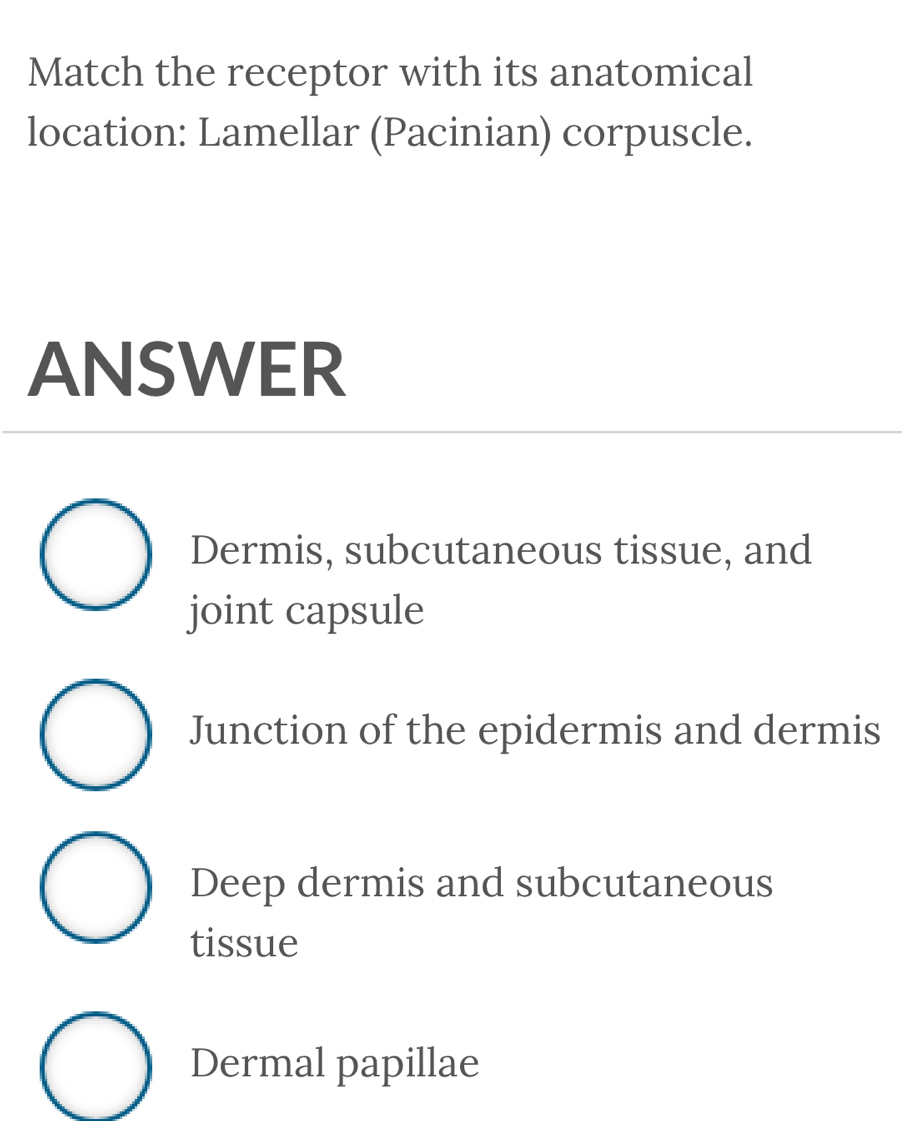 Solved: Match the receptor with its anatomical location: Lamellar ...